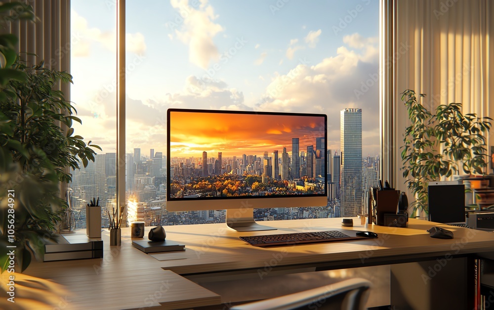 Eyecatching 3D visualization of a side view workspace with a modern ...