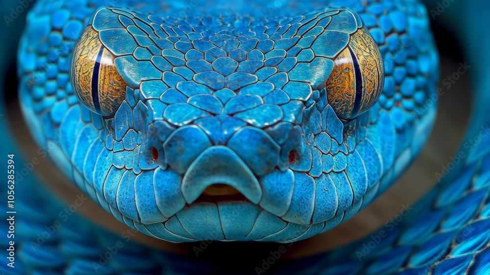 A bright blue snake stares directly at the camera with its large ...