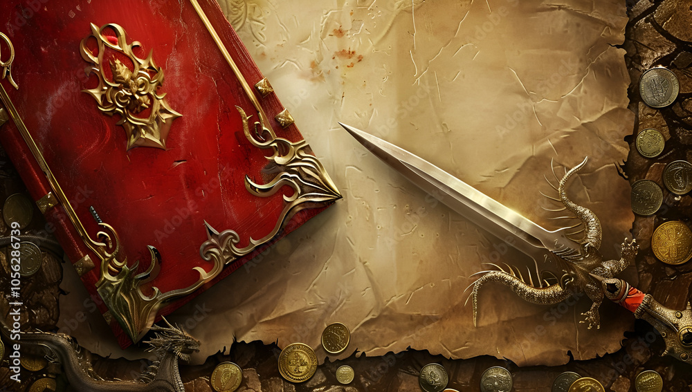 Medieval fantasy background with old blank parchment, sword and dragon ...