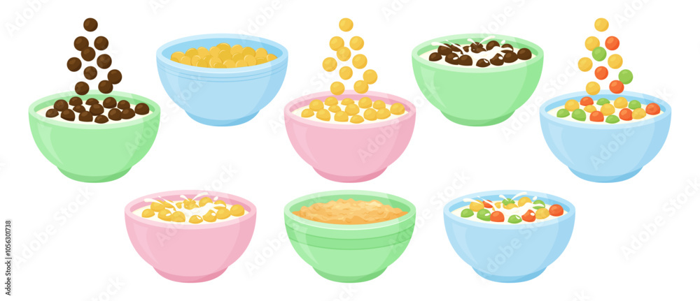 Cereal bowl milk breakfast, cornflakes yogurt, kids food, porridge and oatmeal, fruit and ...