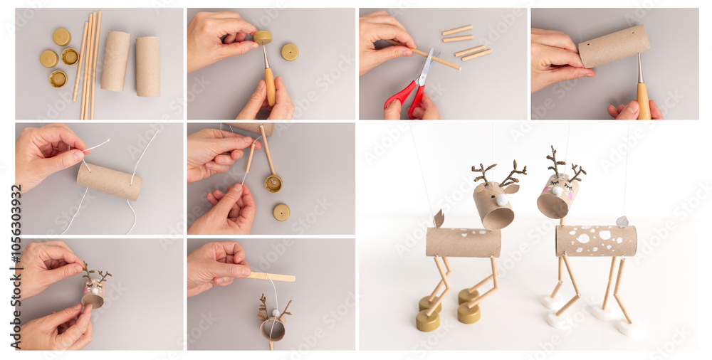 Póster Step-by-step tutorial for creating DIY reindeer puppets using ...