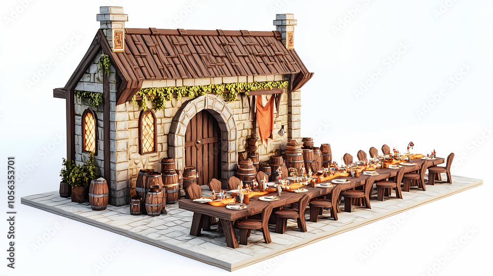 3d render, low poly style of medieval banquet hall with long tables, on ...