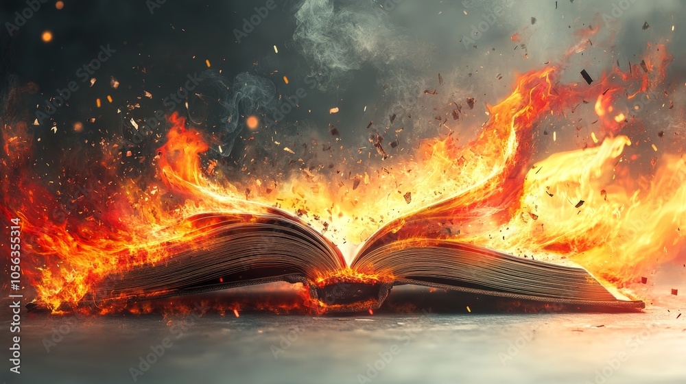 Artistic white backdrop featuring a book with pages on fire, capturing ...