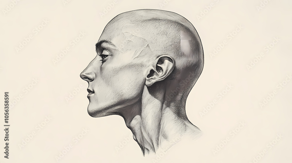 A detailed pencil drawing of a person's head in profile, with the focus ...