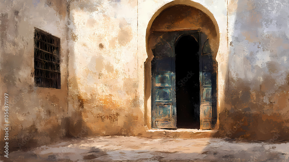 Ancient arabic scripture adorns worn stone walls of a historic house at ...