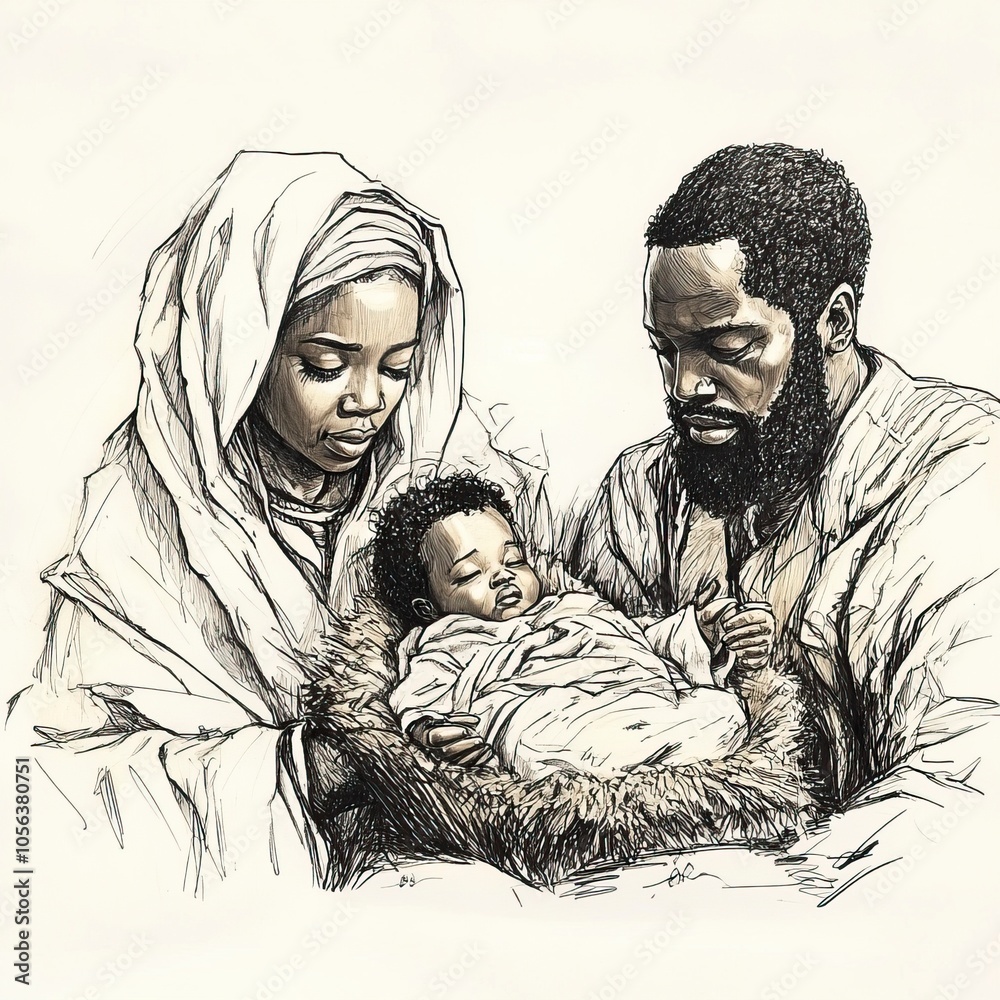 realistic African american hand drawn nativity scene with african ...