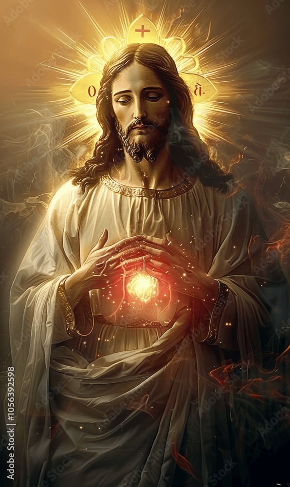 Jesus Christ with Sacred Heart in Divine Glow, Frontal Portrait with ...