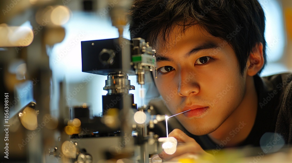 Laser beam optics experiment, physics student adjusting equipment ...
