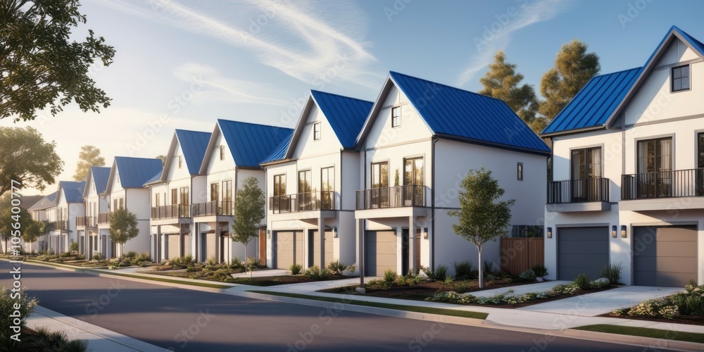 Modern townhouses, blue roofs, white facades, suburban neighborhood ...