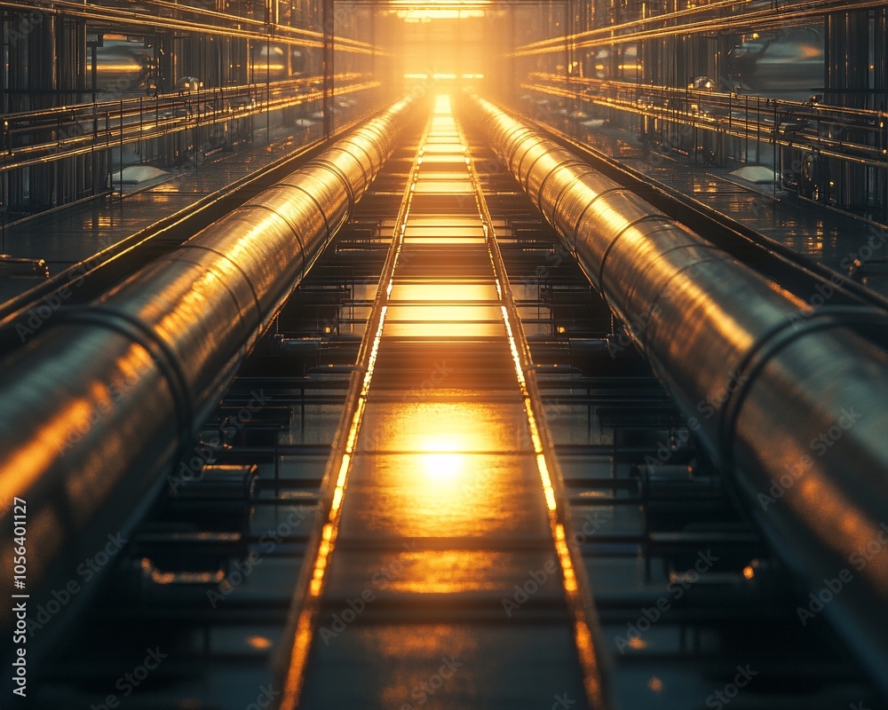 Illuminated industrial pipes leading towards a glowing light source in ...