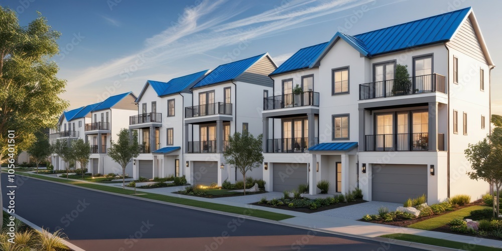 Modern townhouses, blue roofs, white facades, suburban neighborhood ...