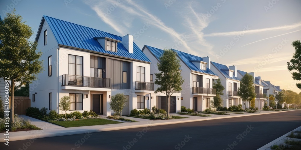 Modern townhouses, blue roofs, white facades, suburban neighborhood ...