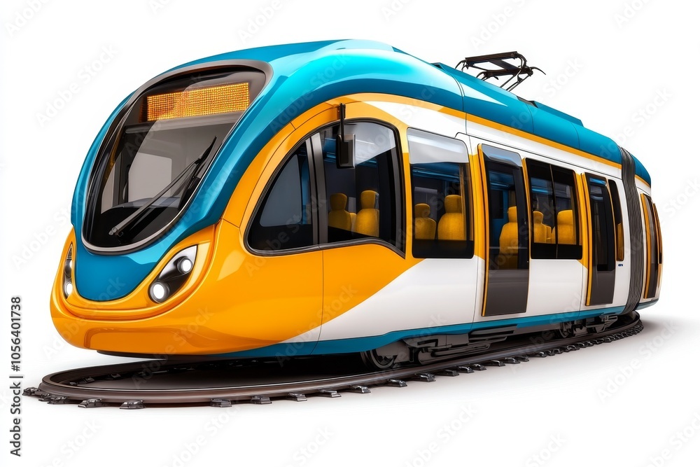 a 2D cartoon illustration of a colorful tram on a hilly city street ...