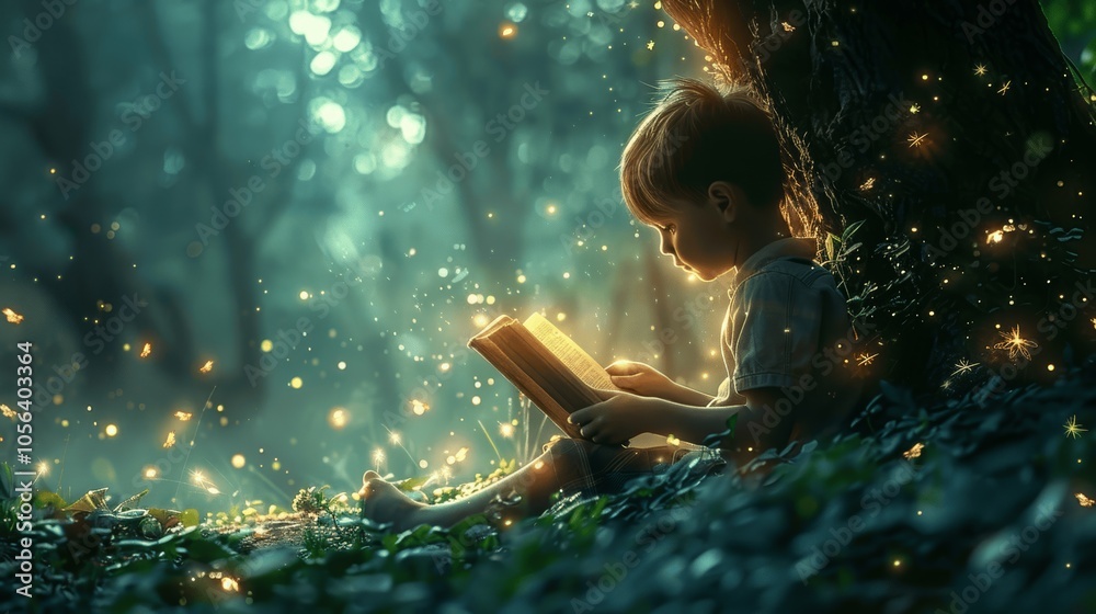 young boy reading fantasy book under tree with glowing fireflies and ...