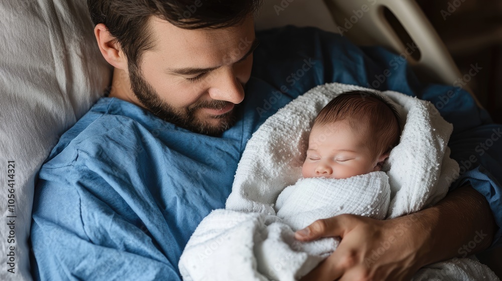 Very realistic photo of a calm father gently holding his newborn baby ...