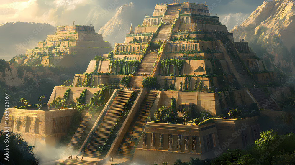 The hanging gardens of babylon at down. the gardens were one of the ...