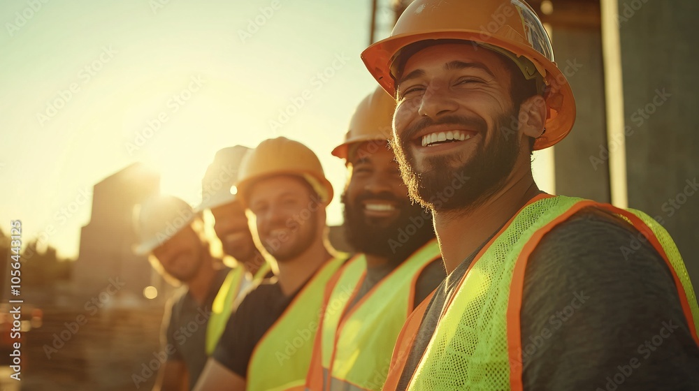 Group of cheerful construction workers, wearing hard hats and safety ...