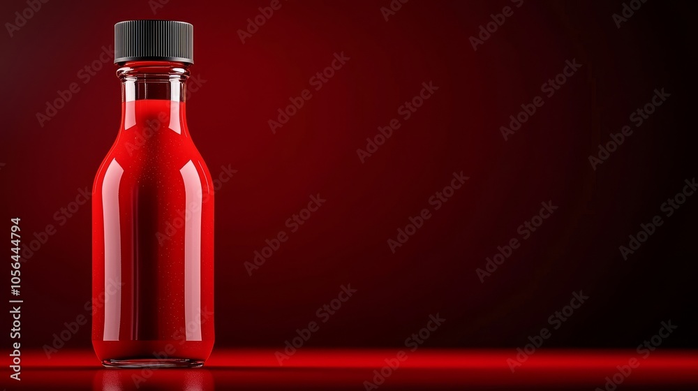 Close-up of a red hot chili pepper sauce bottle on a clean surface ...
