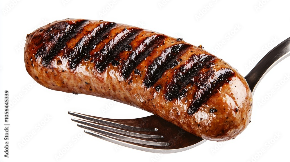 Fork holding a perfectly grilled sausage, shiny and golden with grill ...