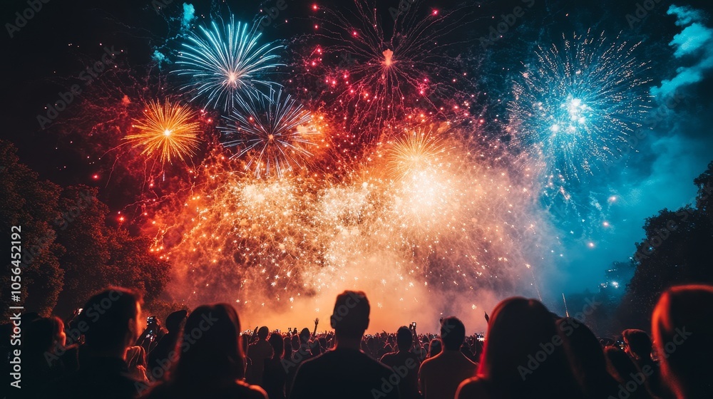 Colorful firework bursts, illuminating the sky with sparks as a large ...