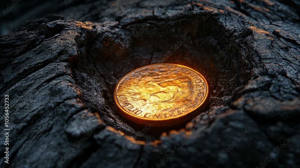 Gleaming golden coin nestled in the darkness of an ancient well ...