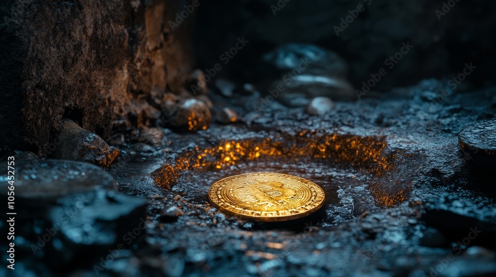 Gleaming golden coin nestled in the darkness of an ancient well ...