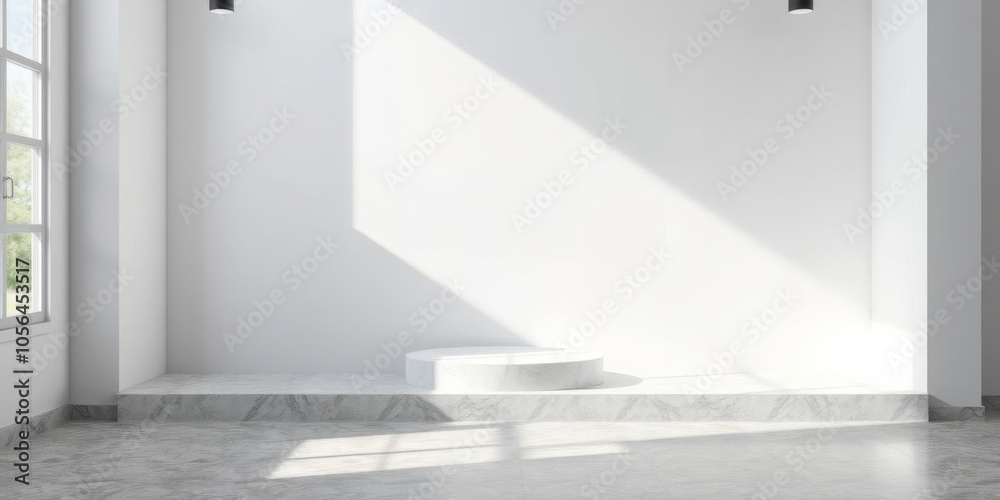 3D granite display podium with sunlight against white concrete wall ...