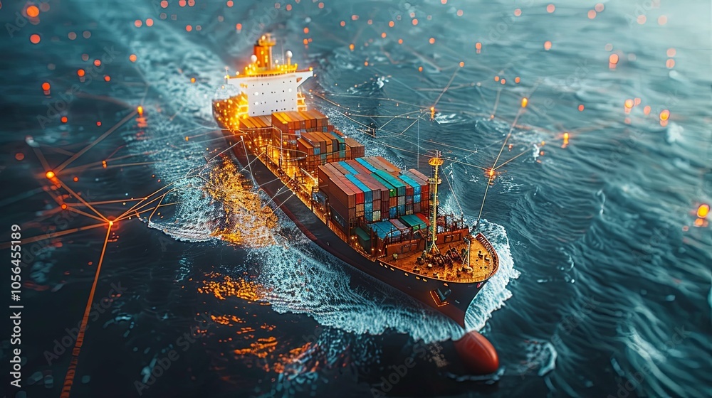 Bird's Eye View of a Container Ship Navigating at Sea, Featuring a ...