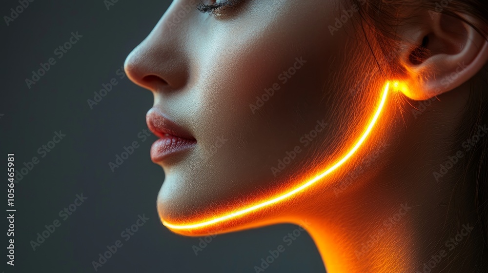 Woman's face in profile with glowing, golden lines accentuating her ...