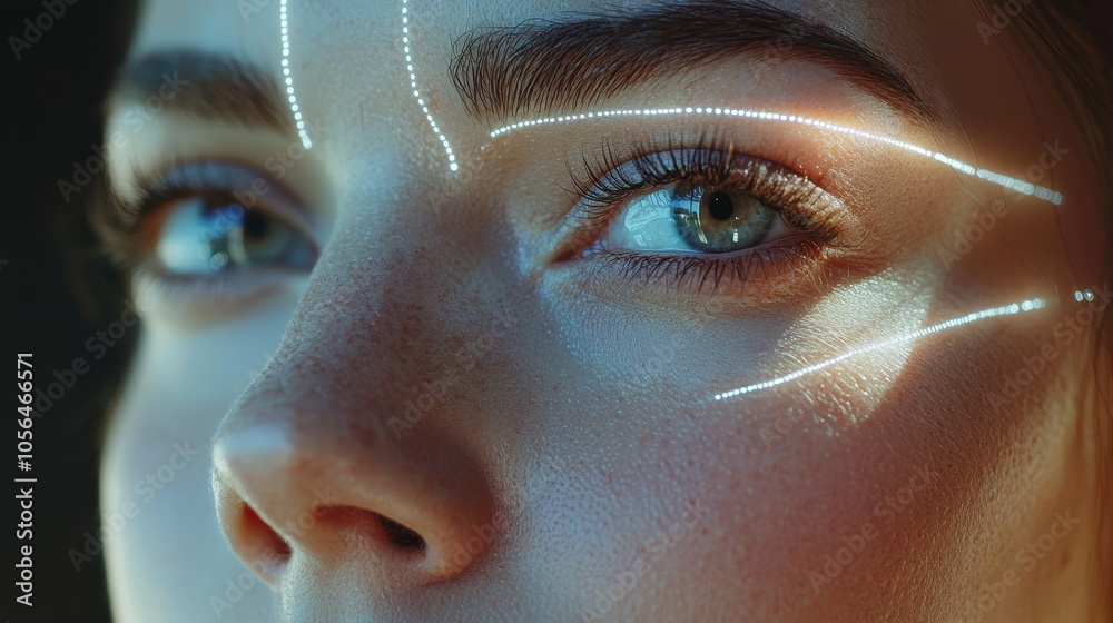 Focused portrait of a woman with radiant skin, skin-lifting lines ...