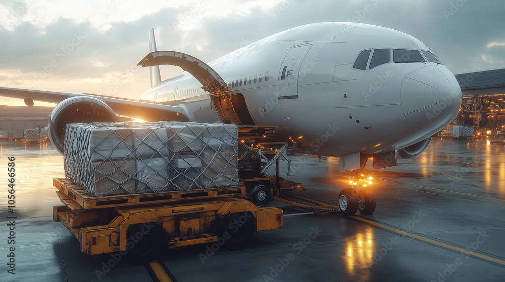 Cargo plane loading freight at airport. Cargo plane being loaded with ...