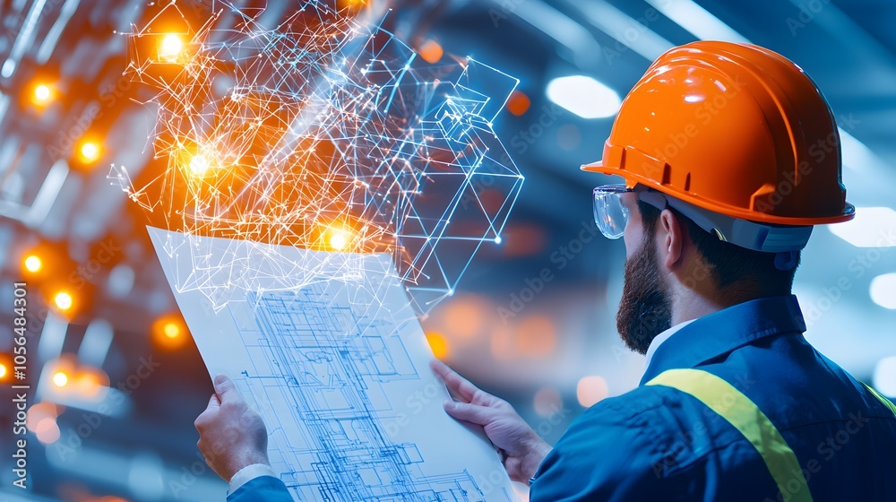 Engineer conducting a walkthrough inspection, comparing structural ...