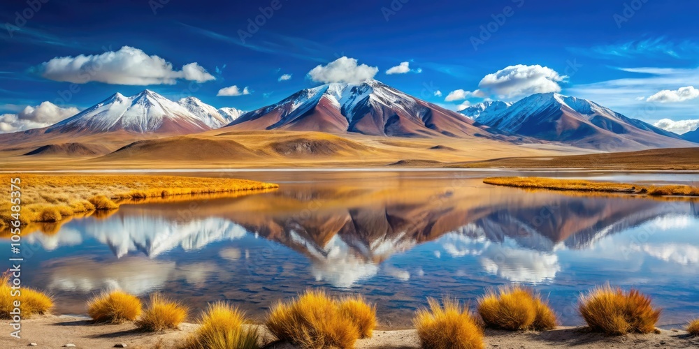 Vast desert landscape showcases snow-covered mountains reflected in the ...