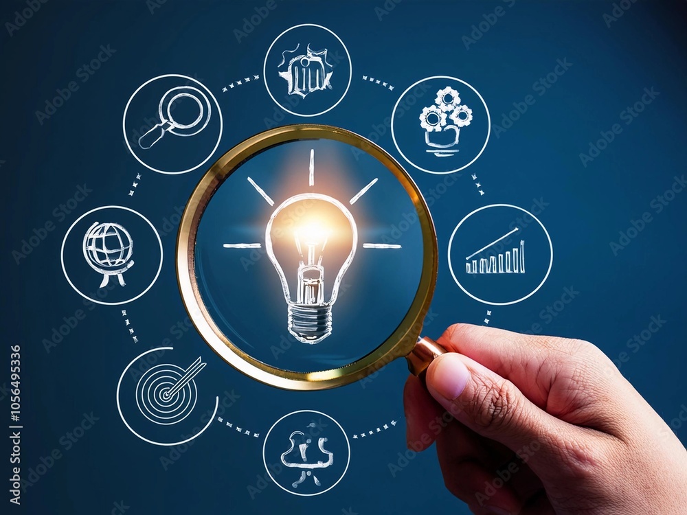 Magnifier glass with one light bulb, Business development strategy, and ...