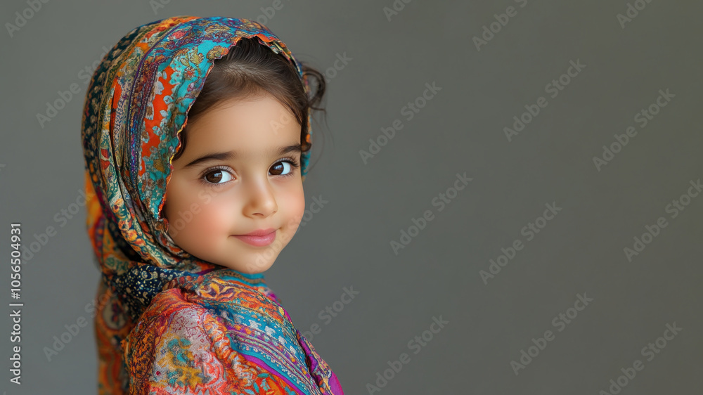 Arabian little girl in traditional bunad folk costume isolated on gray ...