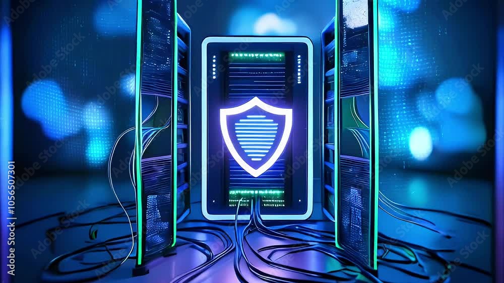 Server racks with neon lights and a glowing shield icon, symbolizing ...