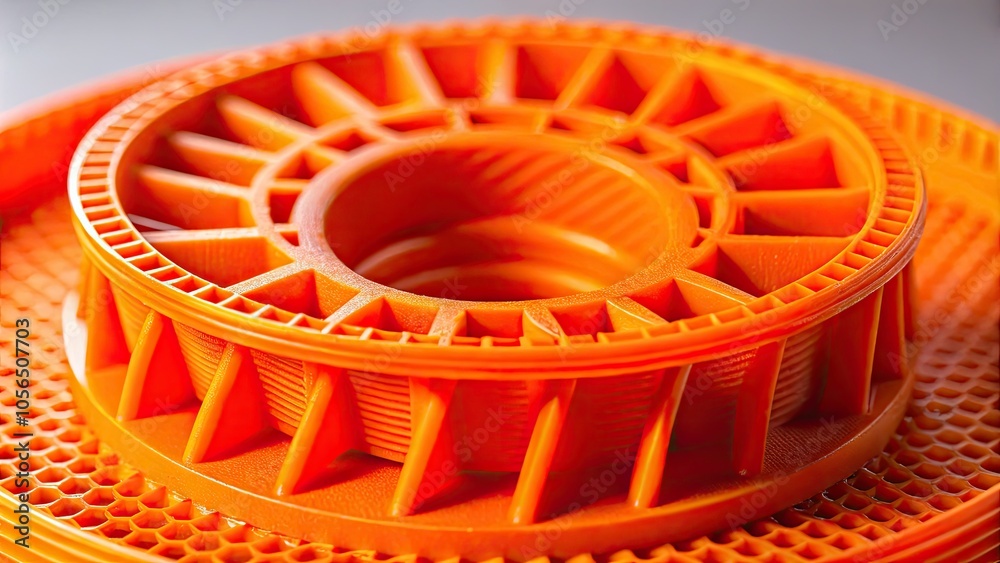 Zoomed-in shot of an orange 3D printed piece, produced with molten ...