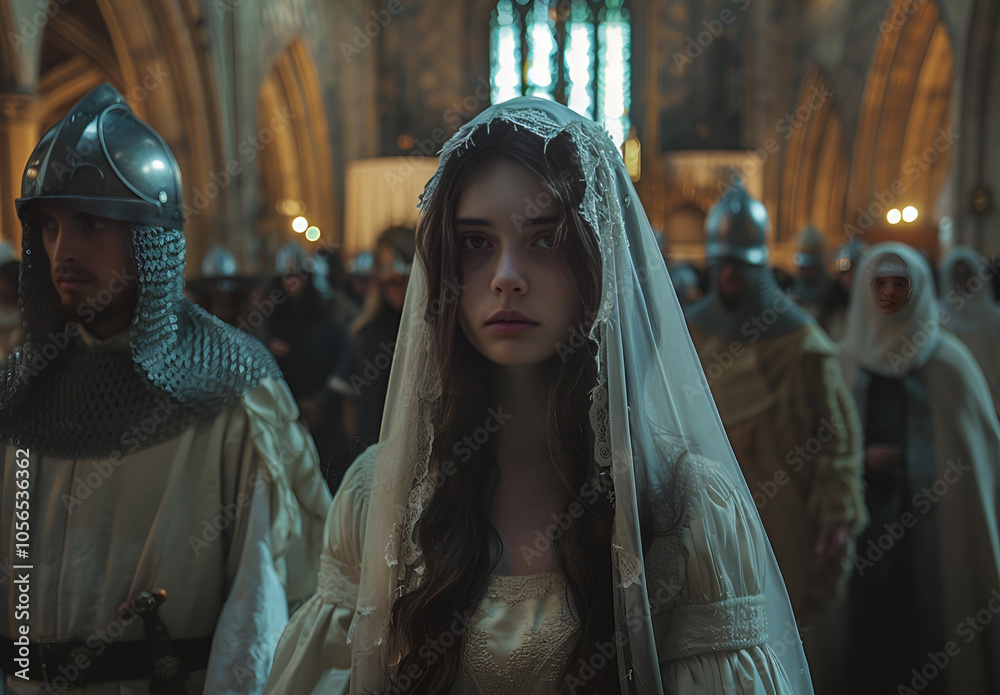 Beautiful young woman in a white medieval dress and long hair, wearing ...