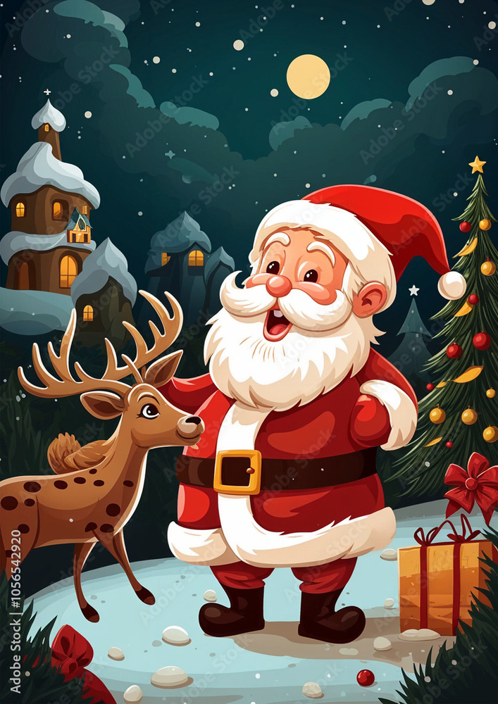 Charming Christmas Scene with Santa Claus and Reindeer under Moonlight ...