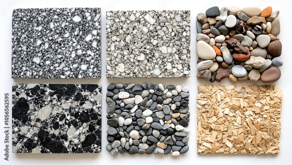 Six square samples of different materials, including small stones, wood ...