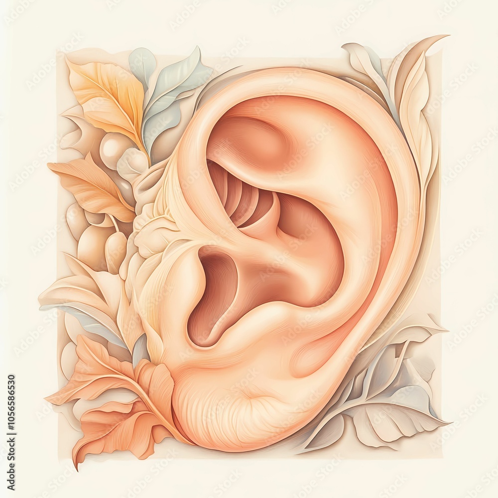 Anatomical illustration of the human ear, highlighting key parts such ...