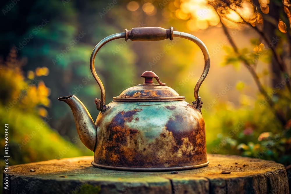 Old kettle featuring corrosion spots, captured in double exposure ...