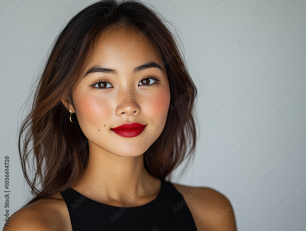 stunning portrait of model showcasing flawless skin and bold red lips ...