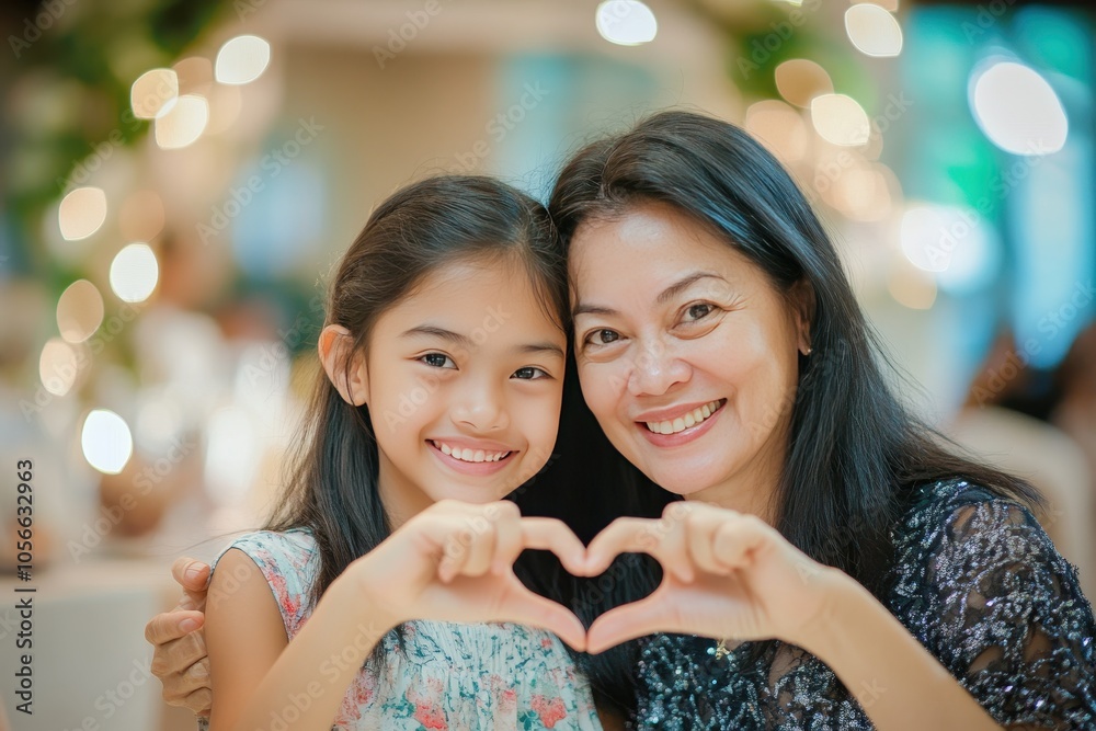 A happy mother and daughter form a heart sign with their fingers ...