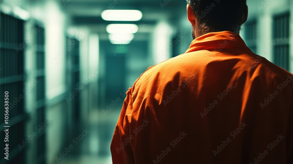 Inmate wearing an orange robe with a blurred prison cell backdrop Stock ...