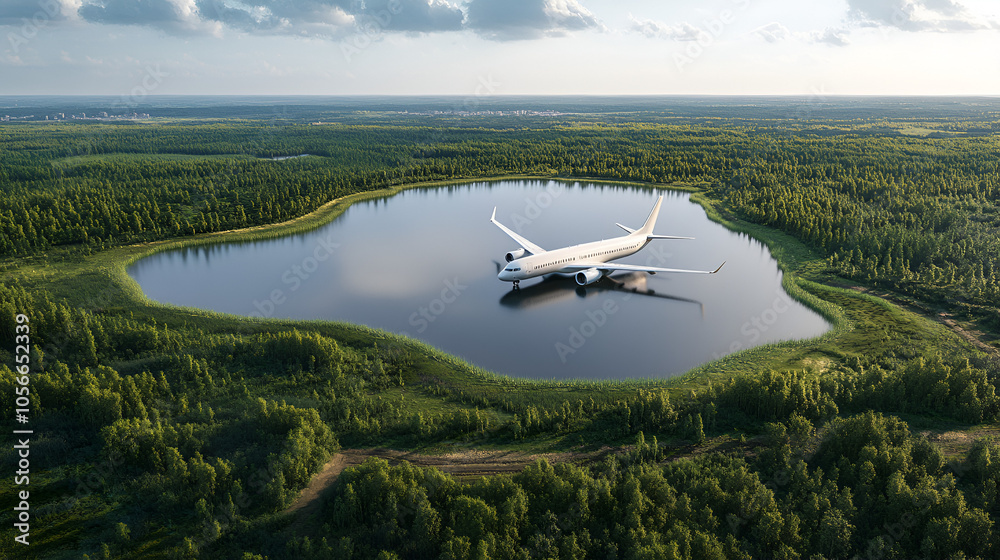3D rendering illustrating a lake shaped like an airplane amidst ...