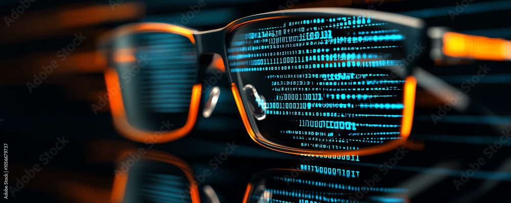 Eyeglasses reflecting dynamic lines of binary codes in vibrant blue and orange tones Stock ...
