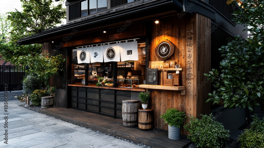 Charming wooden cafe exterior with green plants, barrels, and warm ...
