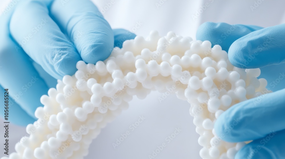 detailed view of edible dna sequence, blue-gloved hands framing the ...