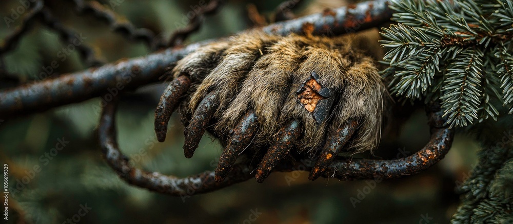 Metal Trail Trap With Traces Of Corrosion On The Paw Of A Wild Fur ...